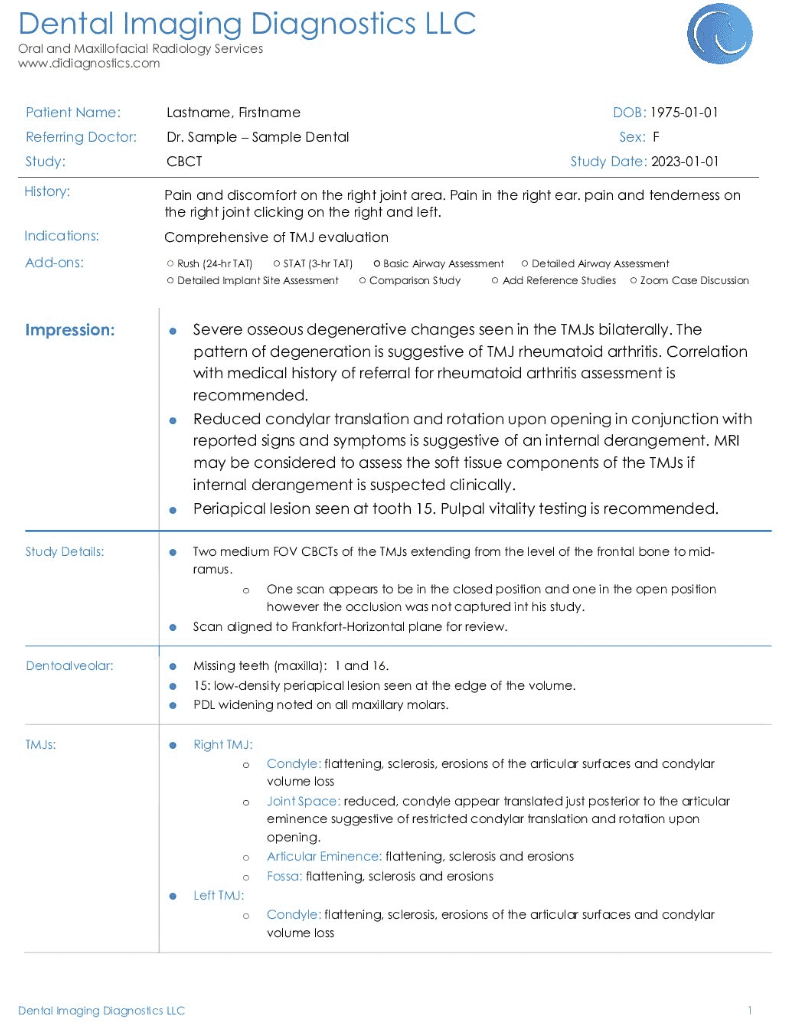 Sample Reports - Dental Imaging Diagnostics LLC